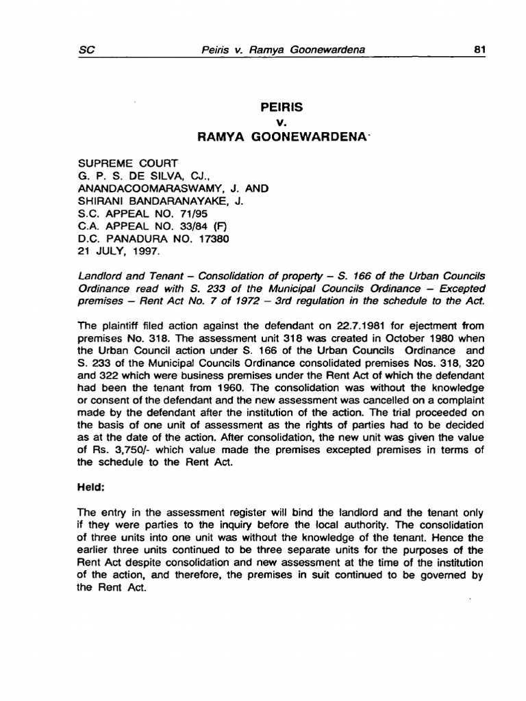 011 SLLR SLLR 1998 1 PEIRIS v. RAMYA GOONEWARDENA | PDF | Leasehold Estate | Landlord