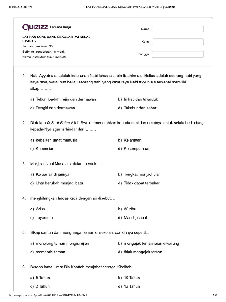 LATIHAN SOAL UJIAN SEKOLAH PAI KELAS 6 PART 2 - Quizizz | PDF