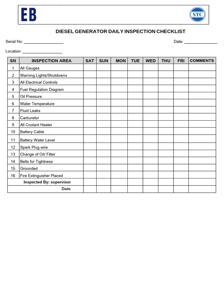 Diesel Generator Daily Inspection Checklist | PDF