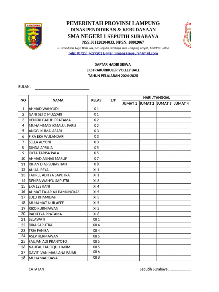 Daftar Hadir Ekstrakurikuler 2024-2025 | PDF