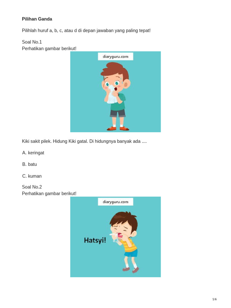 Soal Bahasa Indonesia Kelas 1 Bab 3 Awas Kuman | PDF