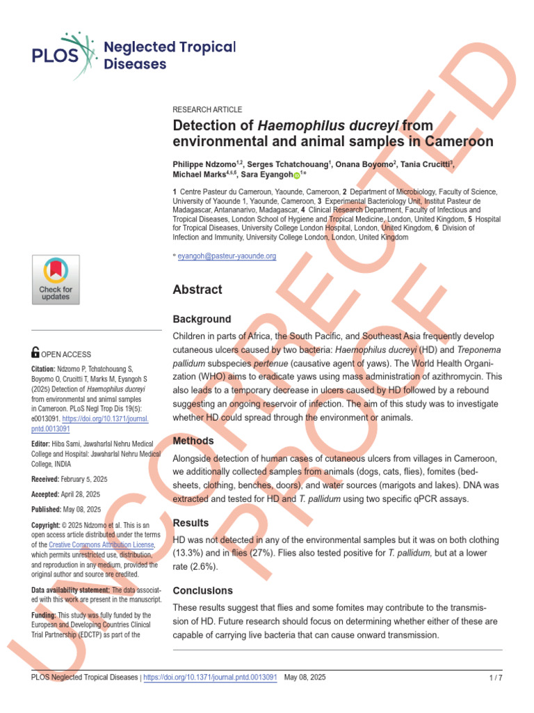 Detection of Haemophilus Ducreyi From Environmental and Animal Samples in Cameroon | PDF ...