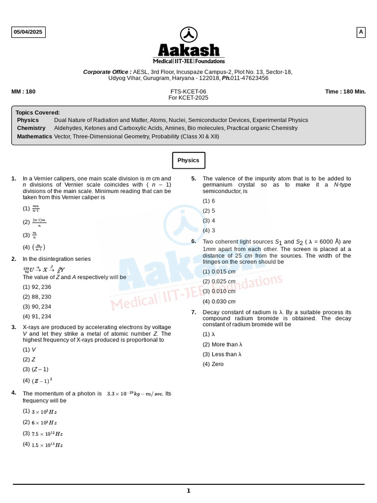 Fts Kcet - Part Test 06 (Code A) 05!04!2025 Question Paper | PDF ...