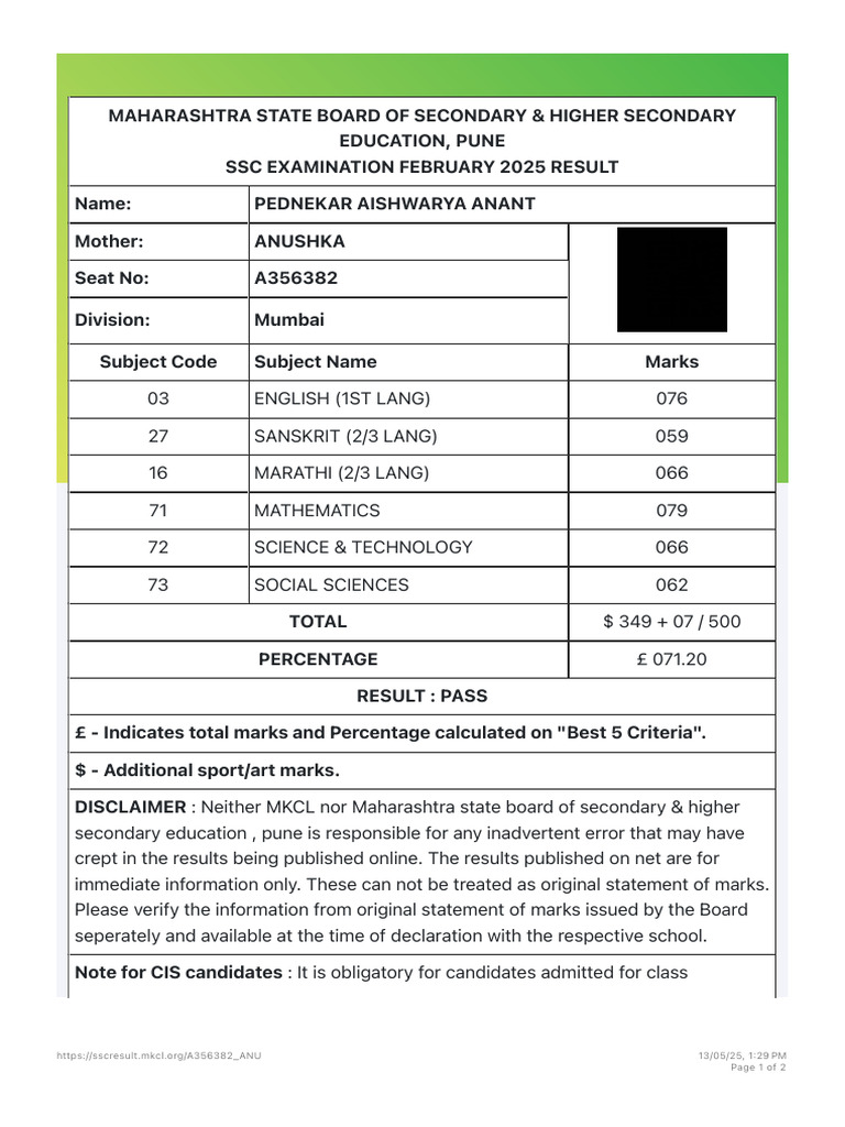 SSC Result for Aishwarya Pednekar 2025 | PDF | Schools | Secondary ...