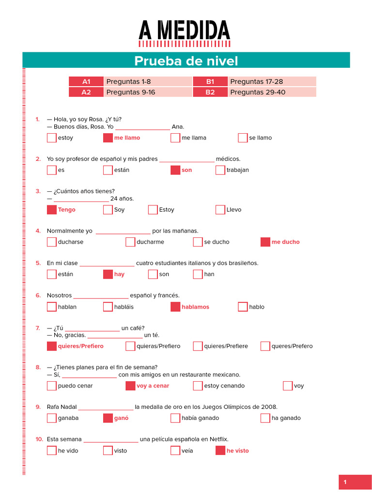 Prueba de Nivel de Español A1-B2 | PDF