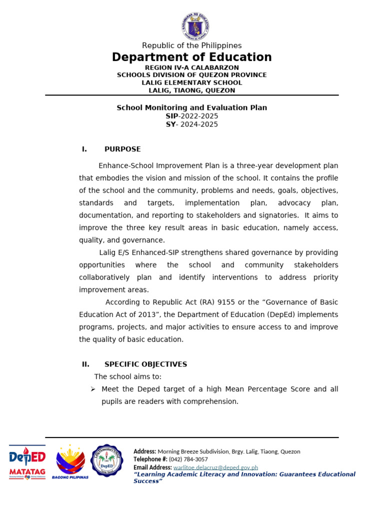 School Monitoring and Evaluation Plan | PDF | Governance | Literacy