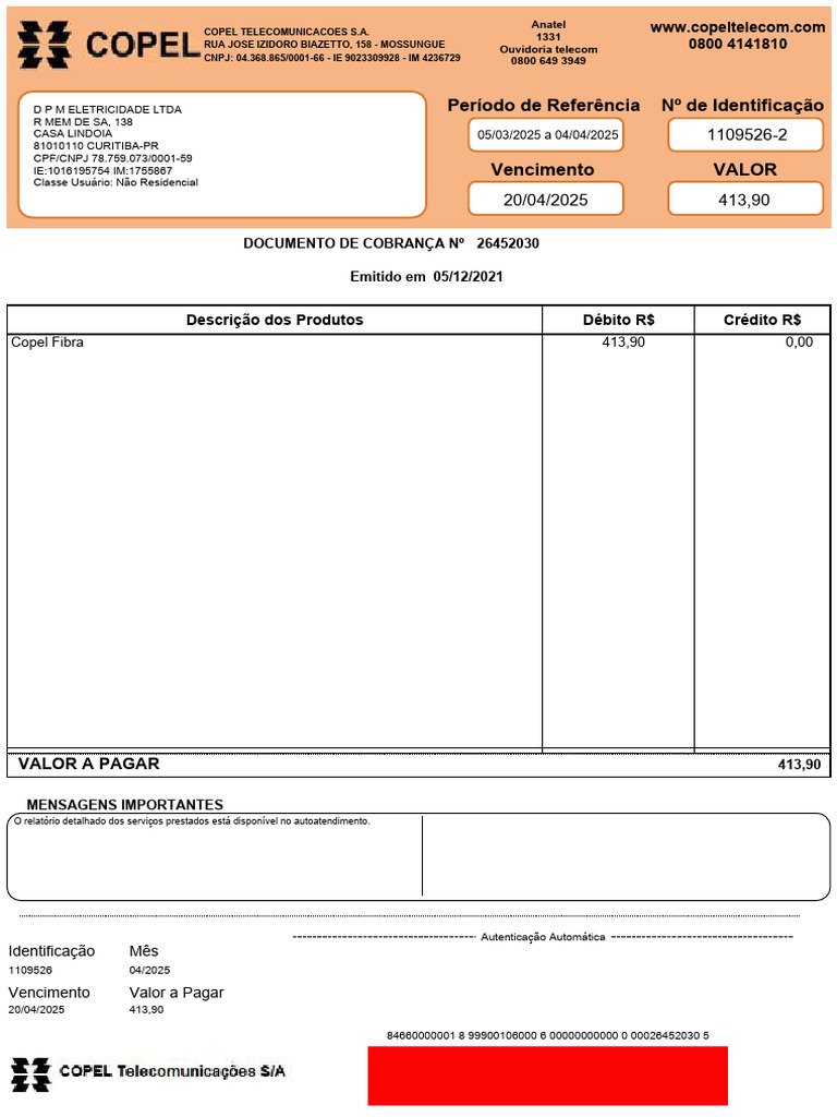 Cobrança Copel Telecom 04/2025 | PDF