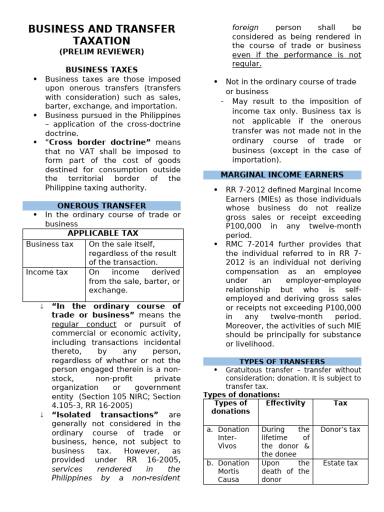 BUSINESS AND TRANSFER TAXATION - VID LECTURE | PDF | Taxes | Income
