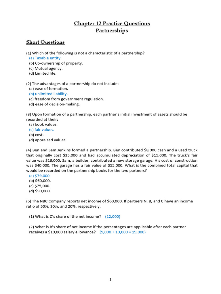 05 Ch12 Practice Questions With Ans Partnerships | PDF | Partnership ...