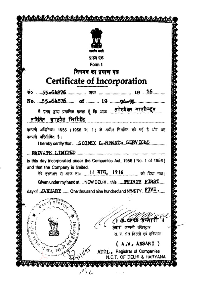 Certificate of Incorporation | PDF