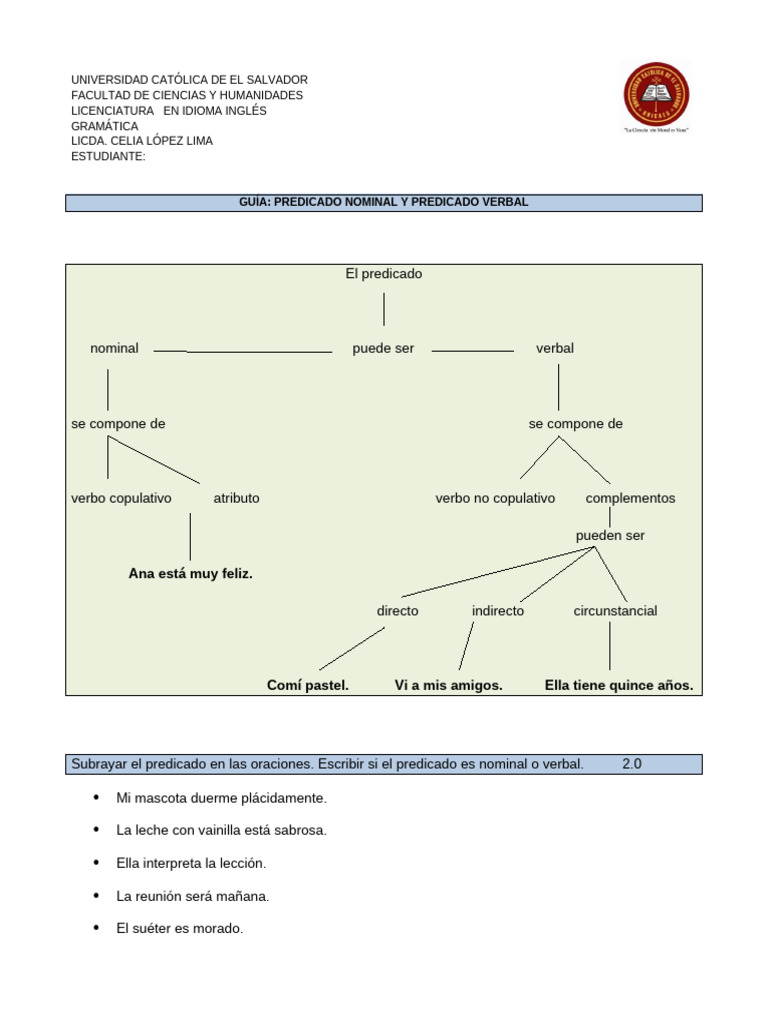 Guía Predicado Nominal y Verbal | PDF | Predicado (Gramática) | Verbo