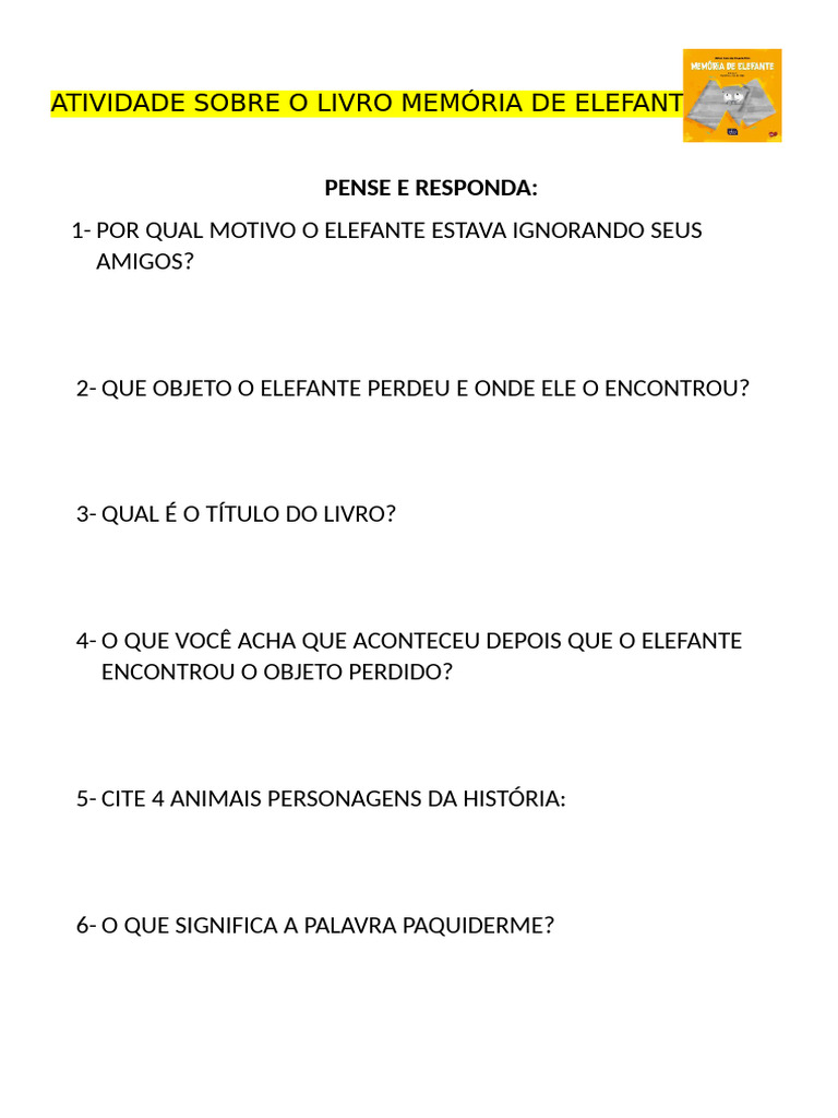Atividade sobre Memória de Elefante | PDF