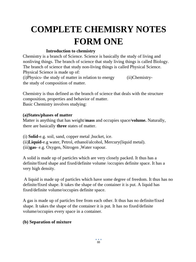 Comprehensive Form One Chemistry Notes | PDF | Filtration | Distillation