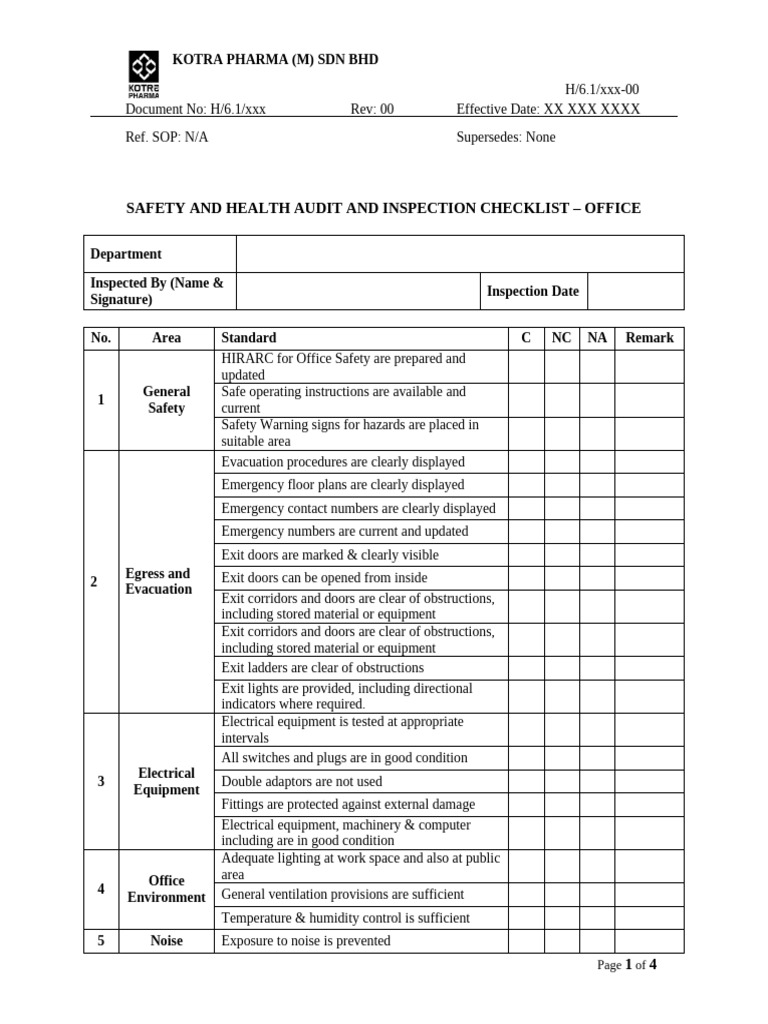 Kotra Pharma - HSE Inspection Checklist (Office) | PDF | Stairs | Safety