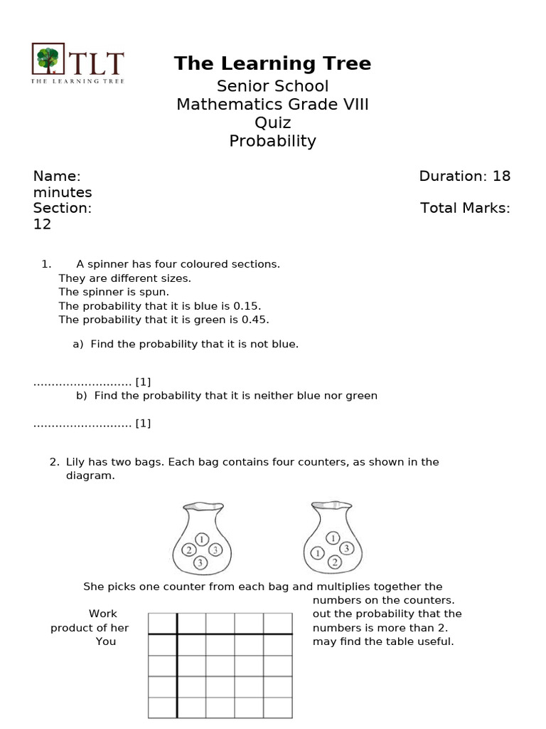 Quiz Probability Grade 8 2025 | PDF