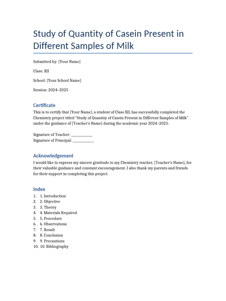 Casein Project Report Class 12 | PDF | Milk | Chemistry
