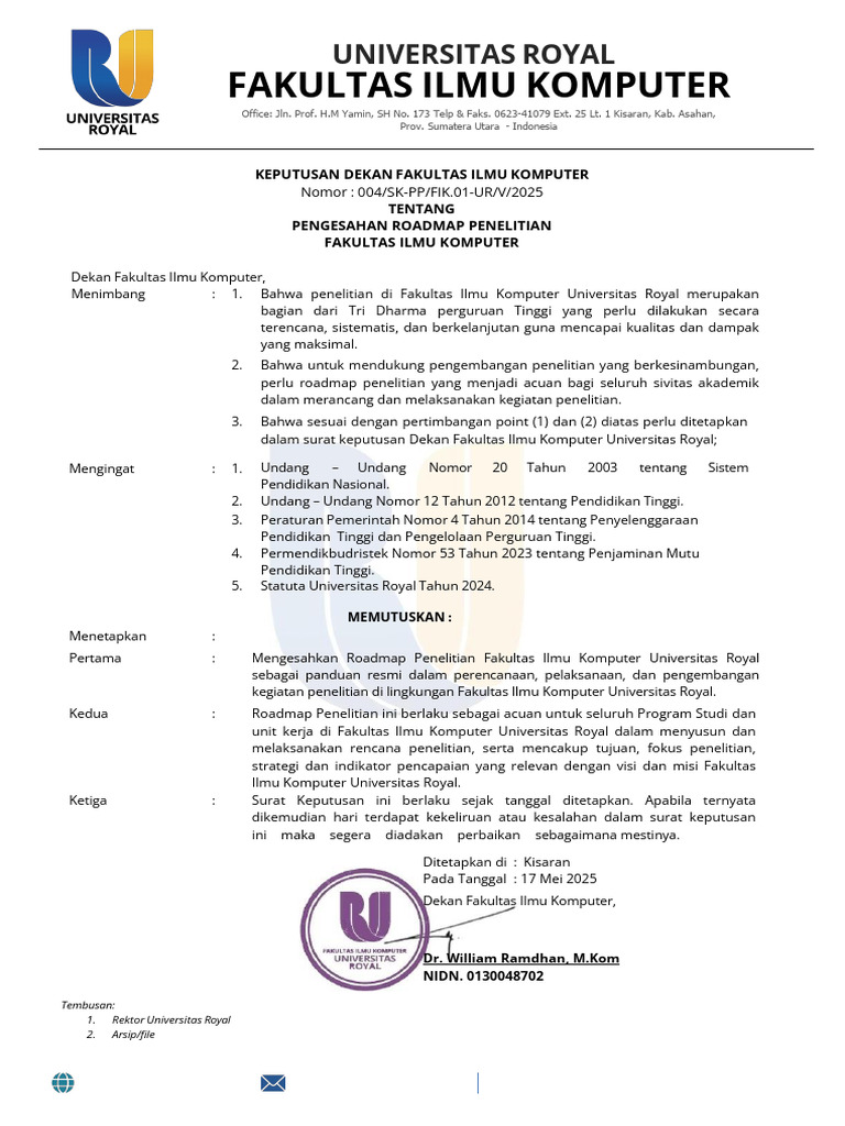 SK Roadmap Penelitian Fakultas Ilmu Komputer | PDF