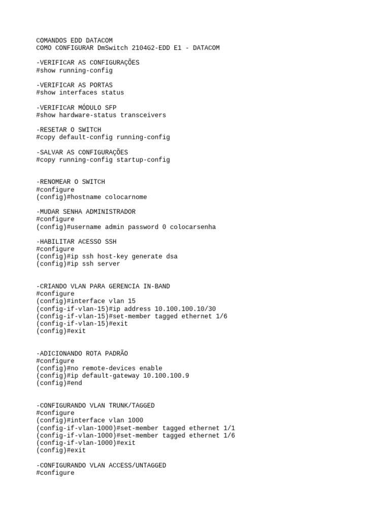 Comandos Dmswitch 2104g2-Edd E1 - Datacom | PDF