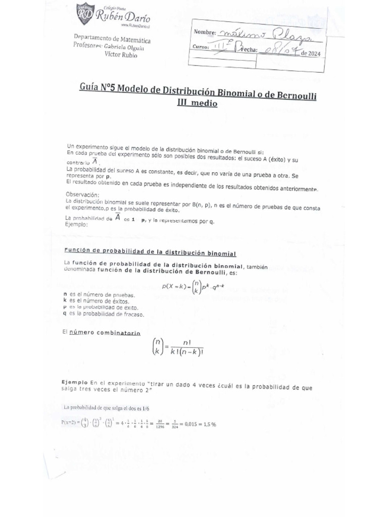 Guia Distribucion Binomial o de Bernoulli | PDF