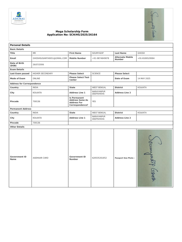 Application Form SCH HS 2025 26164 | PDF