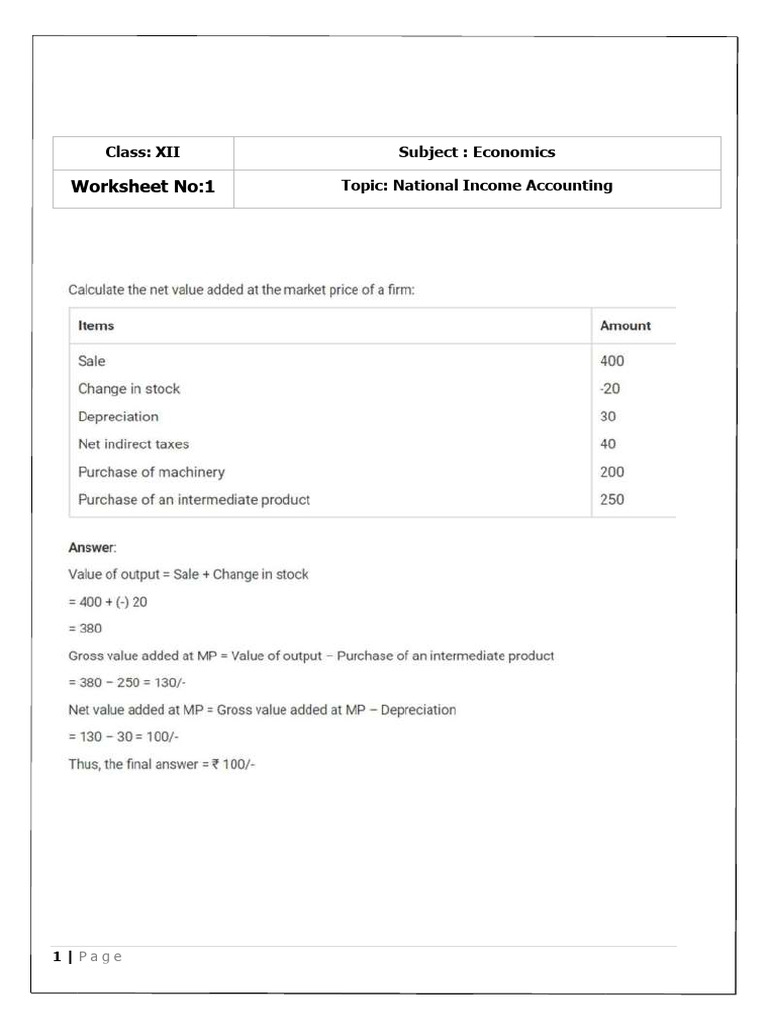 National Income Worksheet 01 | PDF | Measures Of National Income And ...
