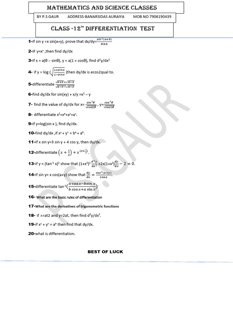 Differentiation TEST CLASS 12 | PDF