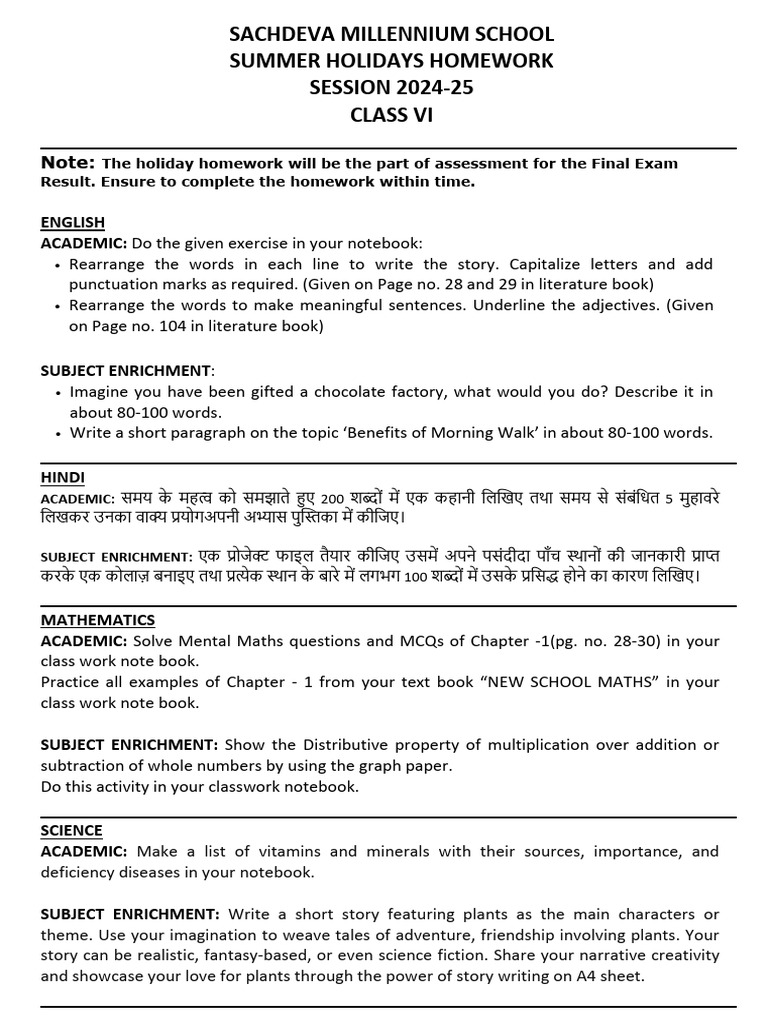Class VI Summer Homework 2024-25 | PDF