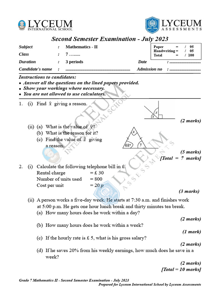 Grade 7 Math Exam July 2023 | PDF | Mathematics