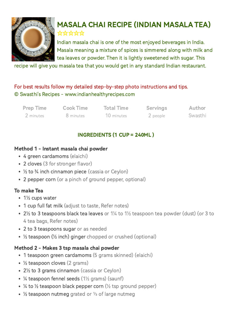 Authentic Masala Chai Recipe | PDF | Tea | Cuisine