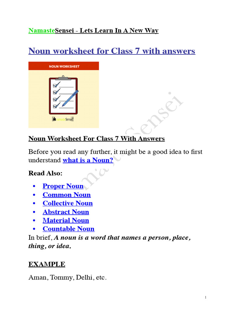 Class 7 Noun Worksheet with Answers | PDF