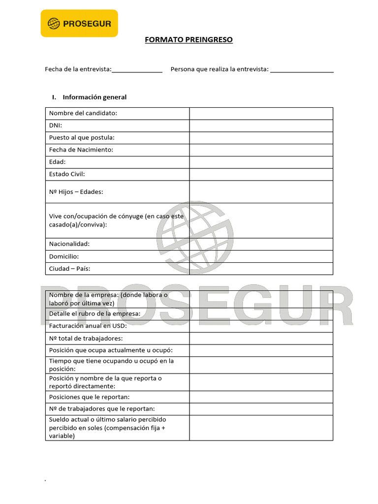 Formato Pre Ingreso Prosegur | PDF | Salario | Economias