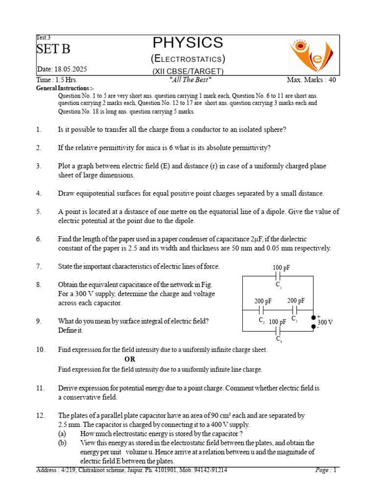 XII Physics SET B (18.05.2025) | PDF | Capacitor | Capacitance