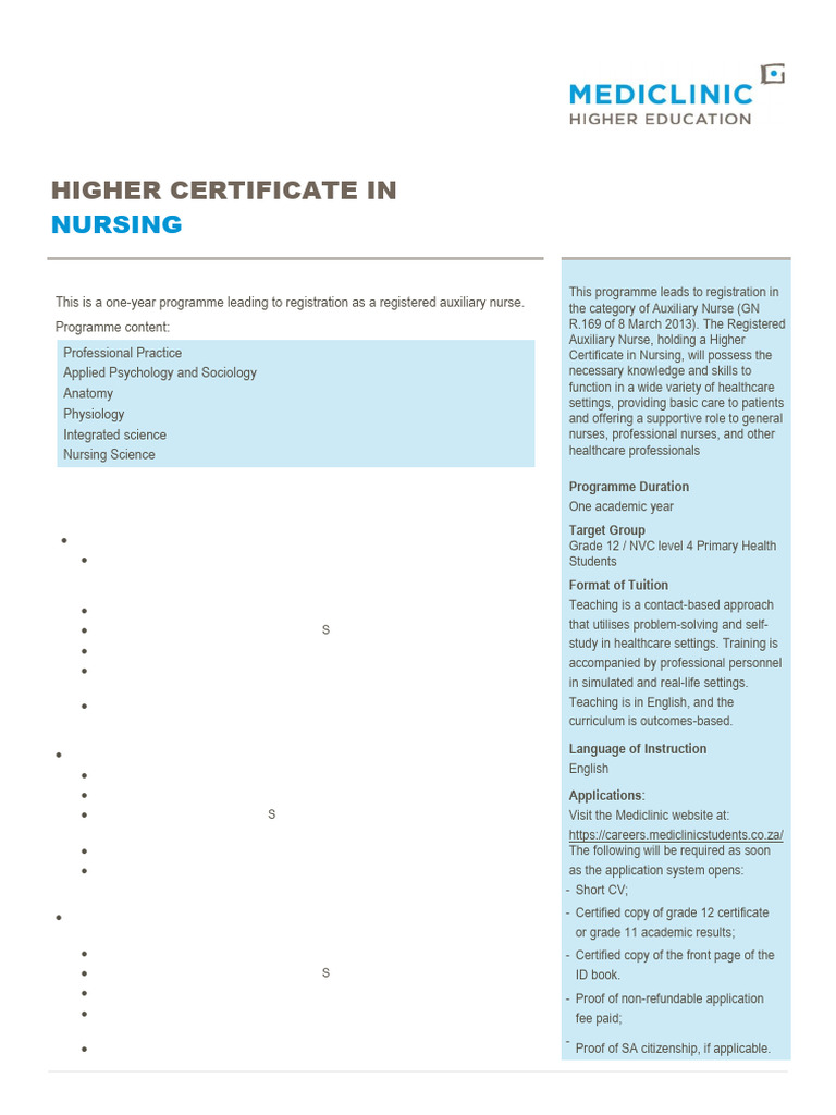 Medi-Clinic Higher Cert in Nursing | PDF | Health Care | Science