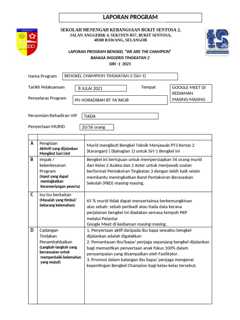 Laporan Bengkel Champion Form 2 Sir1 - 2021 | PDF