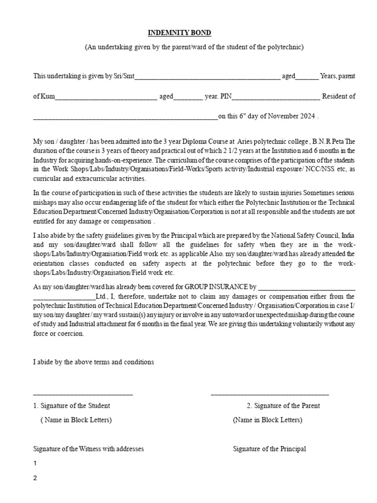 Indemnity Bond for Polytechnic Students | PDF
