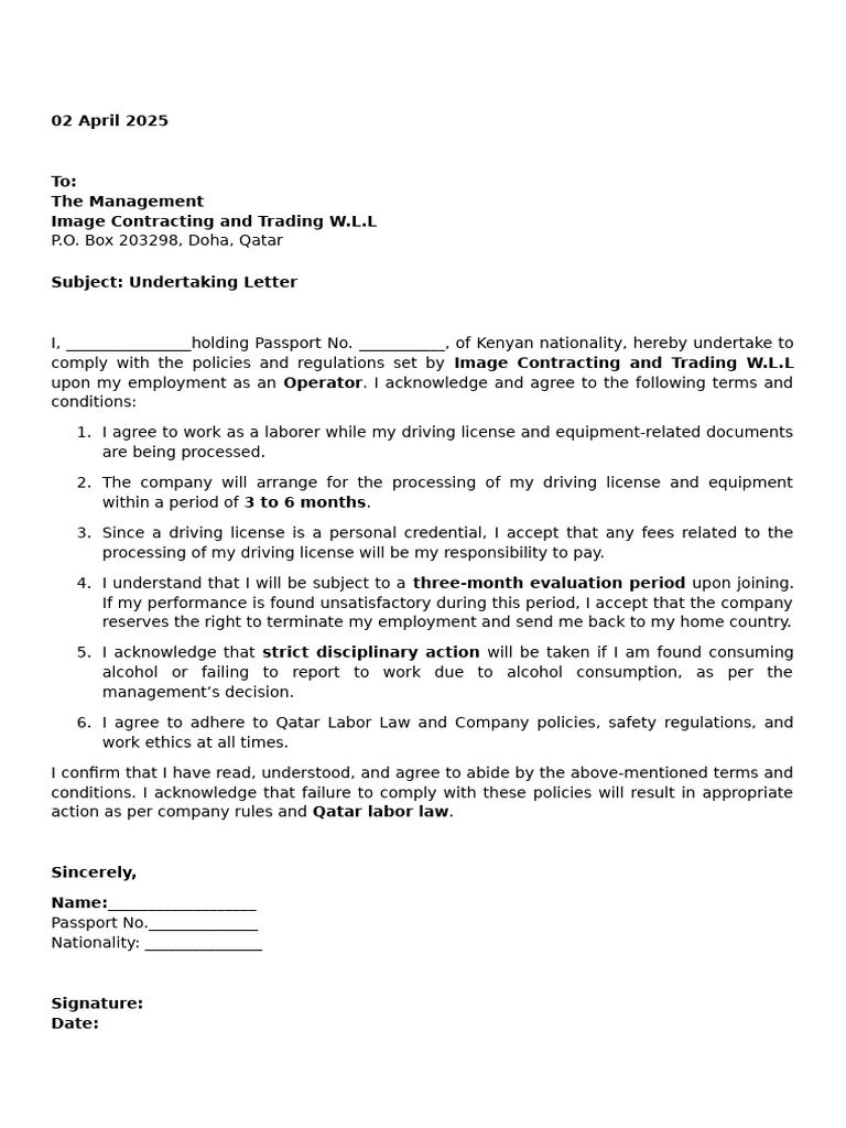 Operator Employment Undertaking Letter | PDF