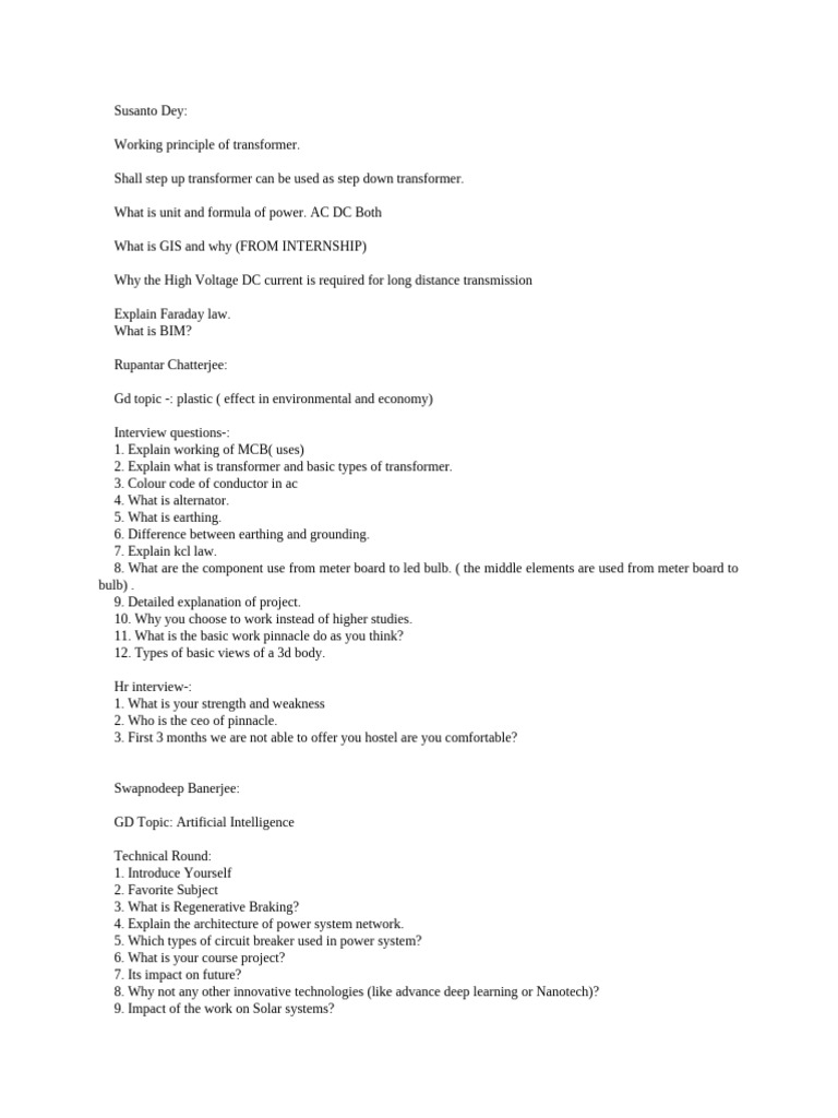 PINNACLE INTERVIEW QUESTION | PDF | Transformer | Electric Power ...
