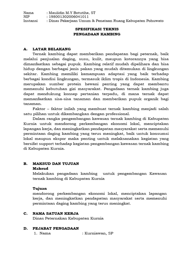 Revisi-Maulidin-Lampiran 2-Form Spesifikasi Teknis Pengadaan Kambing | PDF
