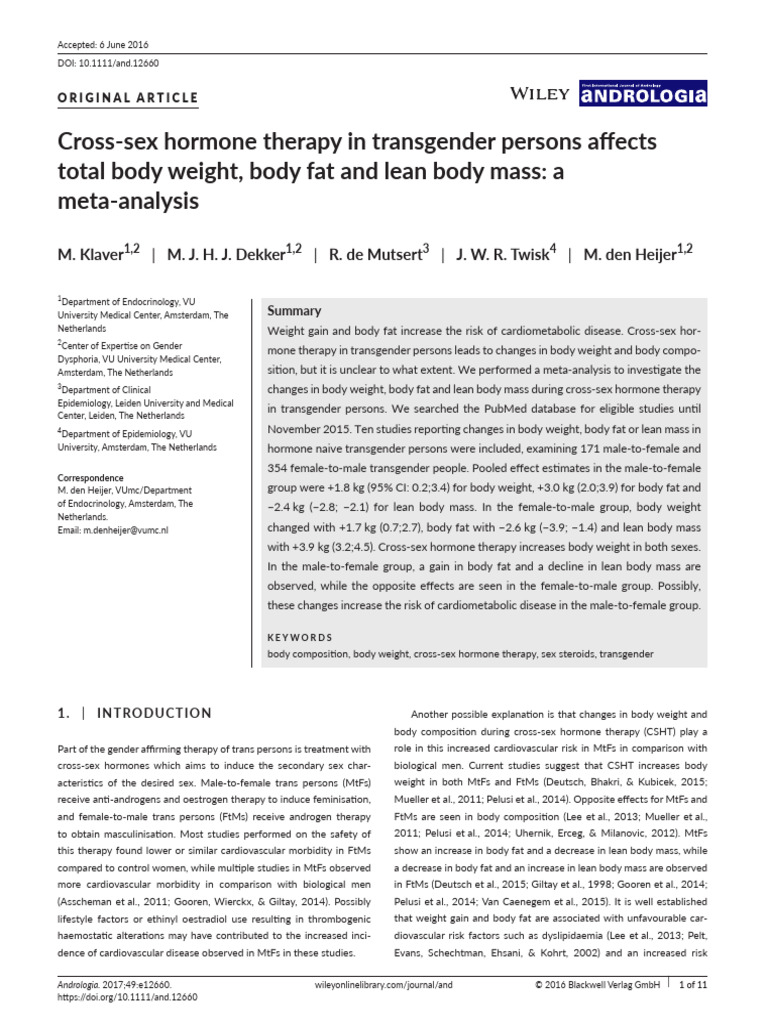 Cross-Sex Hormone Therapy Effects on Body Composition | PDF | Obesity ...