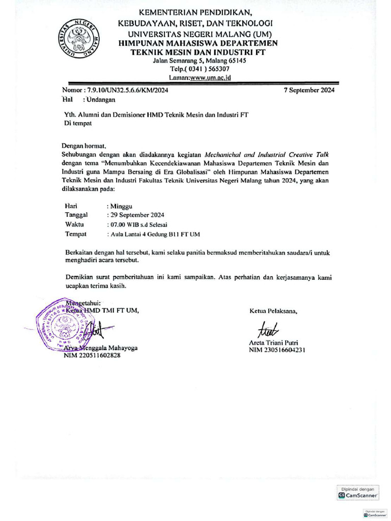 Undangan Demisioner Dan Alumni Mechanical and Industrial Creative Talk ...