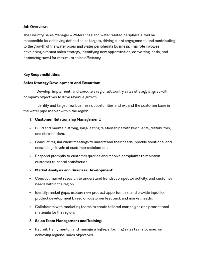 Country Sales Manager - Water Pipes Role | PDF | Sales | Regulatory ...