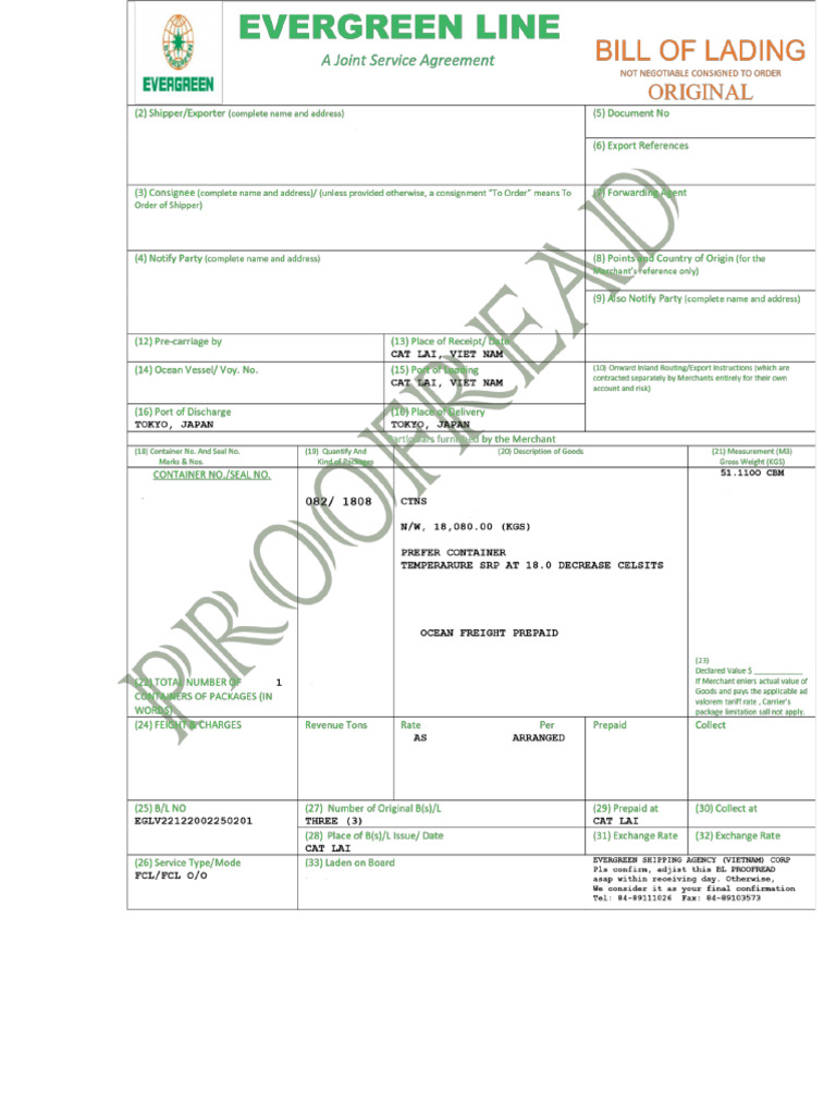 Bill of Lading Logistics Toan Cau (1) | PDF