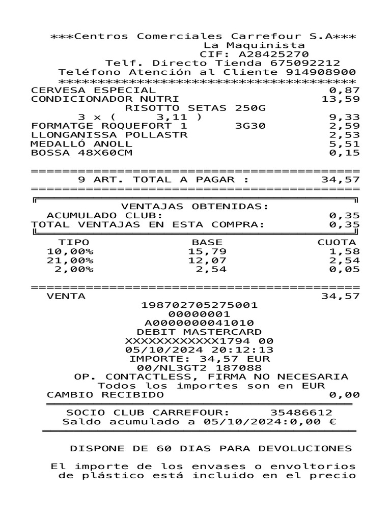 Ticket de compra Carrefour y atención al cliente | PDF