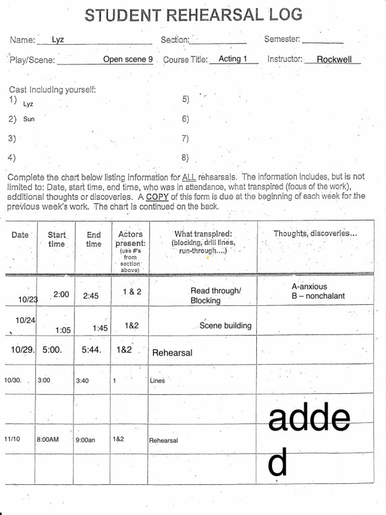 Rehearsal Log Template | PDF