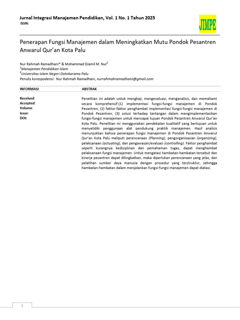 Nur Rahmah Jurnal Manajemen Kelembagaan - Nur Rahmah Ramadhani | PDF