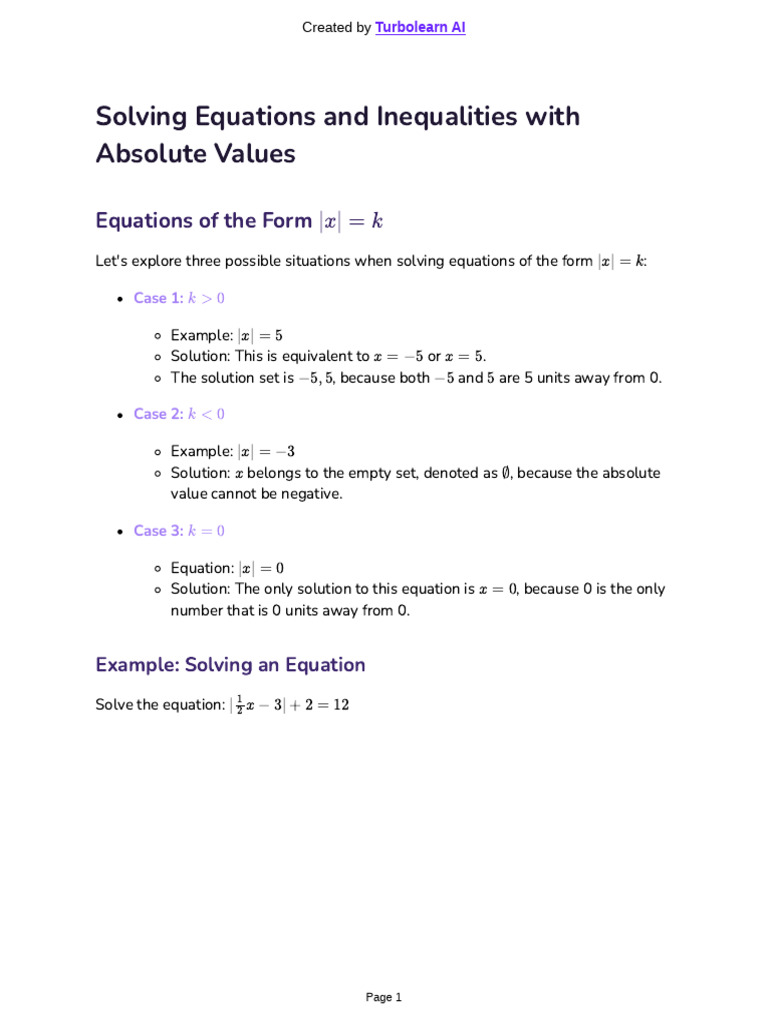 Solving Equations and Inequalities With Absolute Values: Equations of The Form | PDF ...