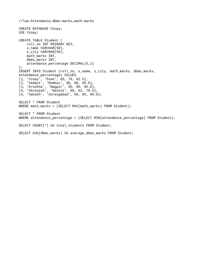 Low Attendance, Dbms Marks, Math Mark | PDF