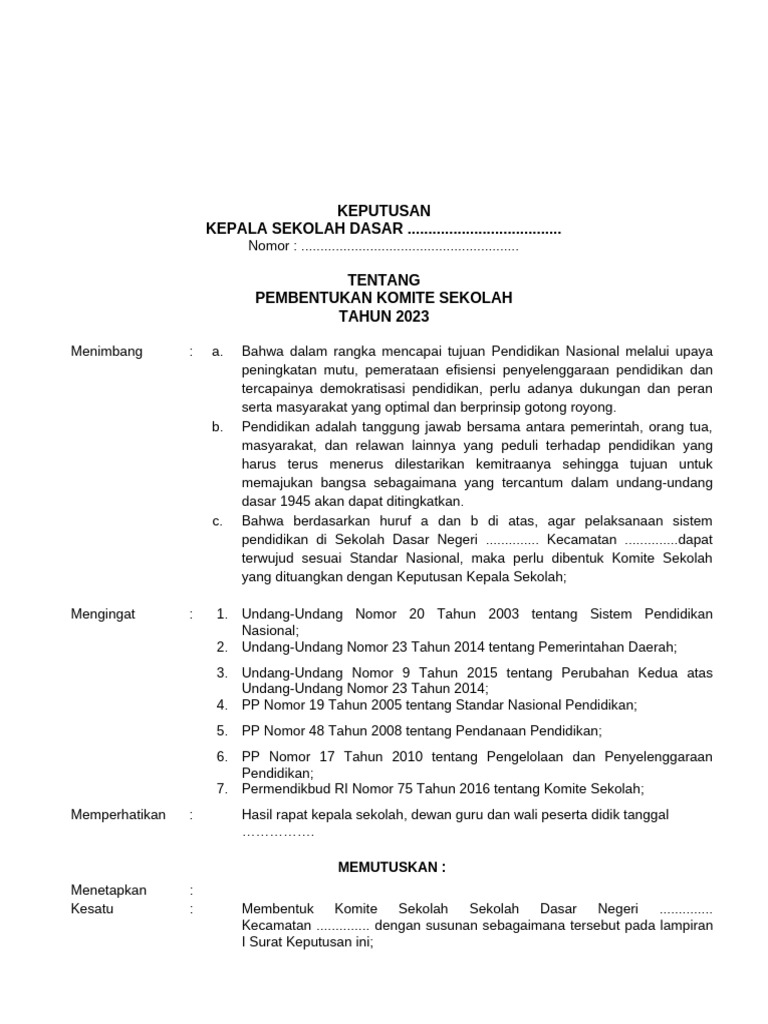 [panduanmengajar.com]-Contoh SK Komite Sekolah 2023 | PDF