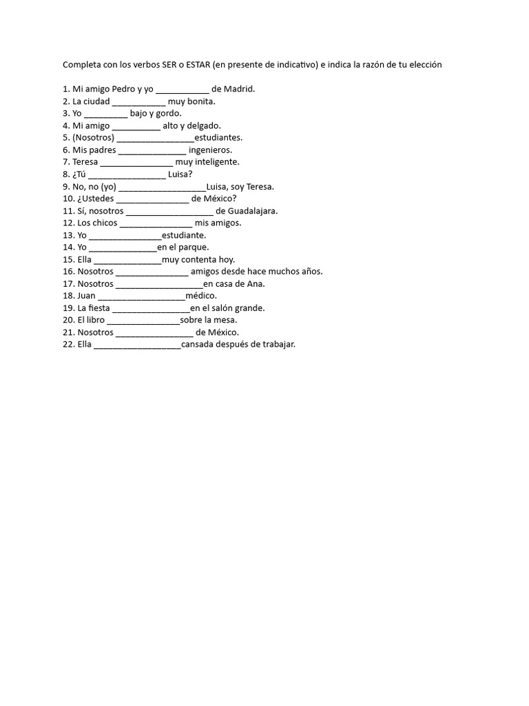 Completa Con Los Verbos SER o ESTAR | PDF
