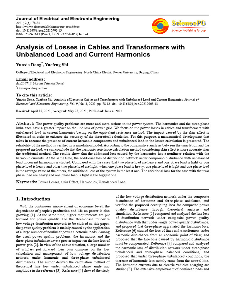 Unbalanced Loads - Analysis of Losses in Cables and Xfos | PDF ...